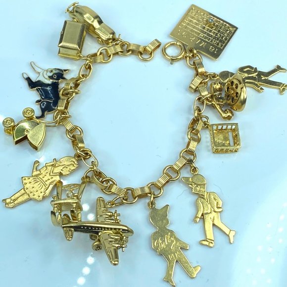 Jewelry | 14k Gold Enamel Mechanical Gem Charms In Fancy Charm Bracelet 364g 725 Jr8122 | Poshmark